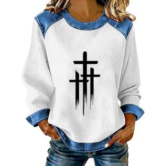 Generic Sweats chr&eacute;tiens pour femmes vintage denim patchwork religieux foi J&eacute;sus sweatshirts croix graphique tops surdimensionn&eacute;s col rond &eacute;pissure pulls prin