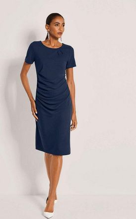 Madeleine Midikleid Viskosekleid mit asymmetrischen Falten Jerseykleid mit Rundhals, Gehschlitz, Kurzarm und Kniel&auml;nge