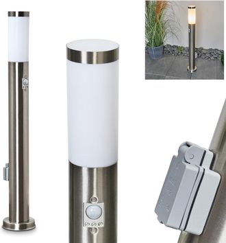 HOFSTEIN Außenwegeleuchte Sessa mit Bewegungsmelder, moderne Sockelleuchte aus Metall/Kunststoff in Nickel-matt/Weiß, Wegeleuchte 80 cm, Gartenlampe m. E27, Ga