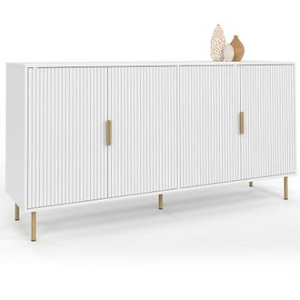 IDMarket Buffet 160 cm MARCEL 4 portes blanc effet lattes et finitions dor&eacute;es