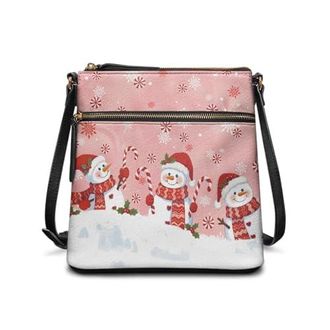 Coloranimal Sac &agrave; bandouli&egrave;re pour femme en cuir avec fermeture &eacute;clair sur le th&egrave;me de No&euml;l, Bonhomme de neige de No&euml;l rose