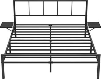 Vasagle Lit Double, Lit 2 Personnes, Cadre de Lit en M&eacute;tal avec &Eacute;tag&egrave;res de Rangement, T&ecirc;te de Lit, Lit Adolescent, Adapt&eacute; pour Matelas 140 x 190 cm, Montage