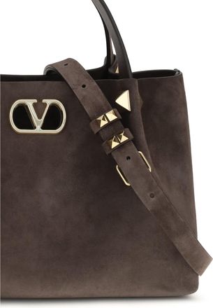 Valentino Garavani Womens Suede Handbag Ebony Brown Calf Leather Shoulder Bags