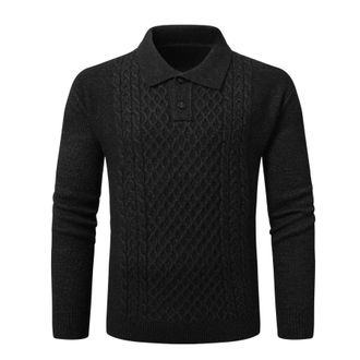 AlltheMen Herren Pullover Winter mit Kn&ouml;pfen Strickpullover Revers Sweater mit Zopfmuster Winterpullover Strick Schwarz 4XL