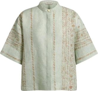 Alberta Ferretti Femme, Blouses et Chemises, Bleu, Taille: 38 FR Fortuny Printed Linen Shirt