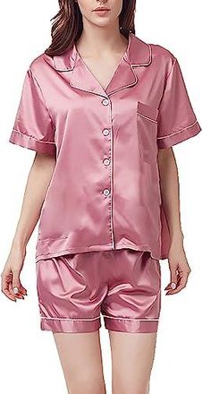 Generic Vêtements de nuit en satin pour femme - Ensemble de pyjama en satin soyeux à manches courtes - Ensemble de vêtements de nuit à manches courtes - Ensem