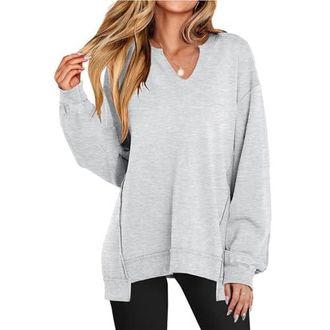 Generic Chandail &agrave; col en V, sweat-shirt surdimensionn&eacute; pour femme, tunique &agrave; manches longues &agrave; assortir avec des leggings, gris, XXL