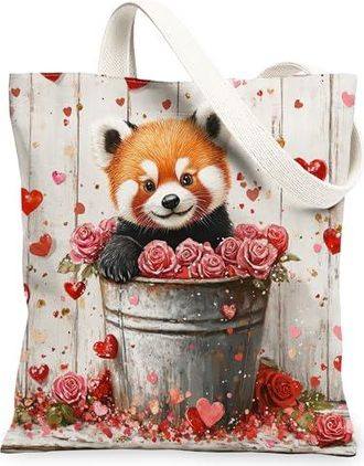 Generic Sac fourre-tout en toile motif pandas rouges pour faire du shopping, 33 x 38,1 cm, sac d&eacute;picerie r&eacute;utilisable pour femme, peinture animale, d&eacute;coration