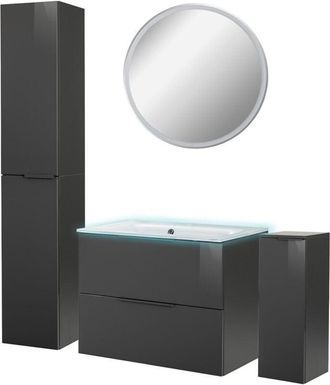 Fackelmann luna Badmöbel Set 6-teilig, 80 cm breit, Anthrazit, Glas Weiß+Spiegel+2 Badschränke-90264145