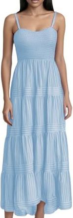 Generic Robe d&eacute;t&eacute; pour femme - Robe longue &agrave; rayures et bretelles spaghetti - Col carr&eacute; - Volants - Ligne A - Robe d&eacute;t&eacute; boh&egrave;me - Robe ample pour la plage, les