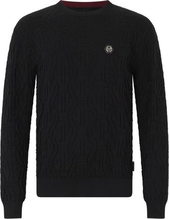 Philipp Plein Homme, Pulls, Noir, Taille: M Jacquard Round Neck Pullover Monogram