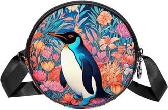 Generic Sac &agrave; bandouli&egrave;re rond pour femme, motif pingouin &agrave; dessin color&eacute;, petit sac &agrave; dos &agrave; bandouli&egrave;re avec fermeture &eacute;clair, bretelles r&eacute;glables, sac &agrave; mai