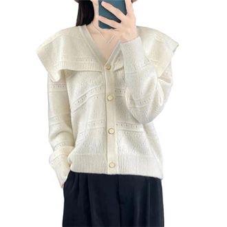 Generic Cardigan dhiver ouvert en tricot 100 % laine pour femme avec col bleu marine, Blanc de riz., Taille XS