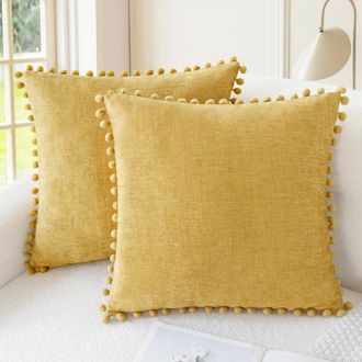 CaliTime Kissenbez&uuml;ge 2er-Pack Kuschelige, durchgef&auml;rbte, weiche Chenille-Kissenbez&uuml;ge mit Pom Poms f&uuml;r Couch Sofa Dekoration 50cm x 50cm Gold