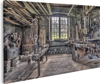 Islandburner Bild auf Leinwand Alte Werkstatt mit Holz und Werkzeugen im Sonnenlicht Bilder Wandbilder Poster
