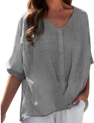 Generic T-shirt dété pour femme en coton et lin avec col en V et manches courtes - Chemisier ample décontracté - T-shirt surdimensionné pour femme, gris, L