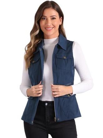Allegra K Veste zippée pour femme avec poches Gilet utilitaire sans manches Anorak Bleu Marine M