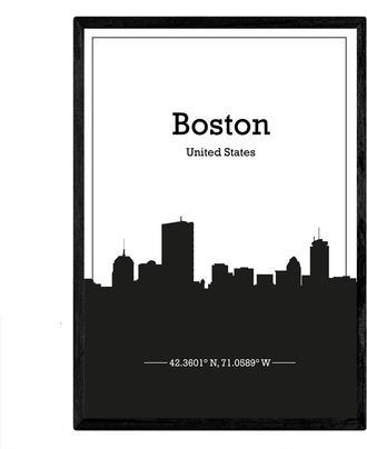 Nacnic Plakat mit Karte von Boston - USA. Skyline Blätter mit Städten der USA, Kanada, Mexiko mit schwarzen Schatten. A4-Format