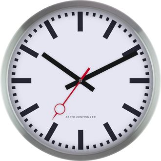 Eurotime Funkwanduhr im Aluminium-Geh&auml;use Silber und Bahnhofs-Sekundenzeiger