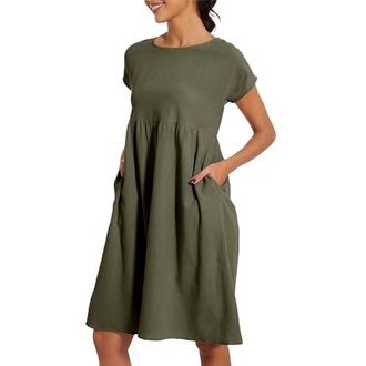 Generic Robes en lin pour femme taille 52/54 - Robe d&eacute;t&eacute; grande taille midi couleur unie en coton mi-longue robe &agrave; manches courtes coupe ample taille 52 avec 