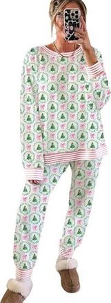 Generic Ensemble de pyjama 2 pièces avec motif sapins de Noël et noeuds pour femme - Style décontracté - Imprimé noeud contrasté à rayures, Vert, XXL