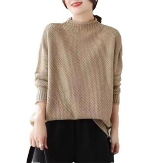 Generic Pull en tricot à manches longues et col montant pour femme, kaki, XXL