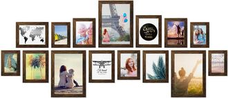 Photolini dunkle Eiche Bilderrahmen Set Holz MDF, Fotorahmen Set, 15er Bilderrahmenset Wand Collage, photo frames for wall mit Acrylglas aufhängen, Bilderrahmen