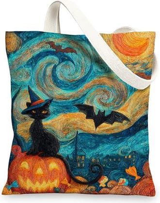 Generic Sacs fourre-tout en toile motif chat artistique, sacs de courses réutilisables, légers et lavables, noir, 13x15 Inch