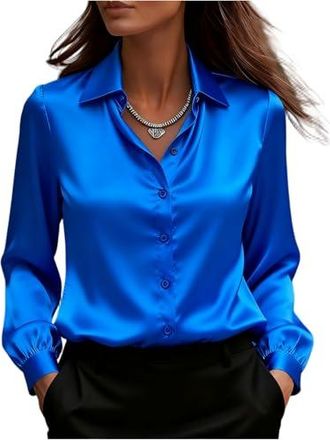Generic Chemisier Femme Chic et &Eacute;l&eacute;gant Chemisiers et Blouses &agrave; Col en V Chemisier Ample &agrave; Manches Longues Couleur Unie Chemise en Satin Pas Cher Vetement Aut