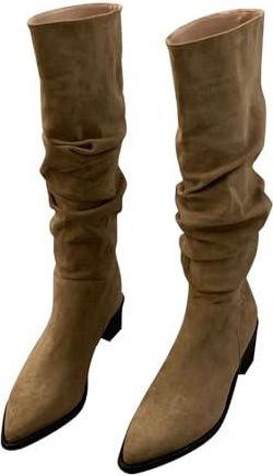 Generic Bottes Hautes Femme en Daim Talons Moyens Bout Pointu Bottes en Su&eacute;d&eacute; &Eacute;l&eacute;gantes R&eacute;tro Semelle Antid&eacute;rapante Chic D&eacute;contract&eacute;e Chaussures Automne Hiver