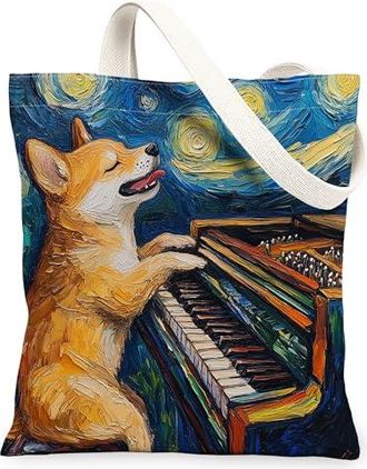 Generic Shiba Inu Sac fourre-tout en toile r&eacute;utilisable pour faire du shopping Motif piano &eacute;toil&eacute; nocturne 33 x 38 cm