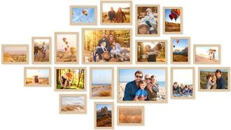 Photolini Bilderrahmen Set verschiedene Größen, Bilderwand Collage 20 Rahmen, Bilderrahmen-Set Natur Holz MDF zum Aufstellen & Aufhängen, Acrylglas, photo frame