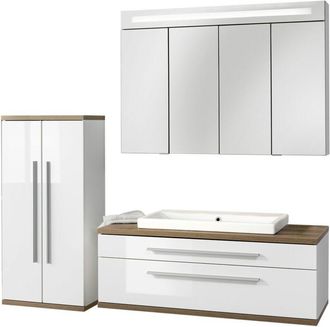 Fackelmann stanford Badm&ouml;bel Set 4-teilig, 110 cm breit, Wei&szlig;,Keramik+Spiegelschrank+Midischrank-90335145