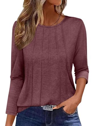 Onsoyours Shirt Damen 3/4 Arm Rundhals Mit Falten Tshirt Leichte Pullover Sommer Herbst Oberteile Casual Basic T-Shirts A Weinrot XXL
