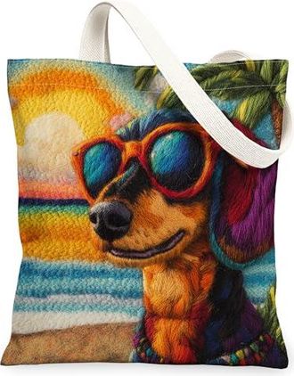 Generic Sac fourre-tout en toile motif teckel d&eacute;t&eacute; pour faire du shopping, 33 x 38,1 cm, sac r&eacute;utilisable &agrave; motif imprim&eacute; de chiot c&ocirc;tier pour femme, peinture