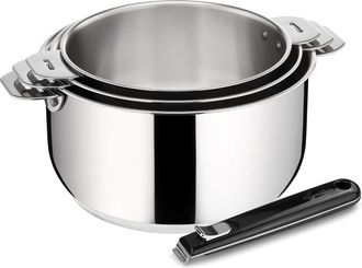Lagostina Salvaspazio Set 3 Töpfe in Edelstahl 18/10 + Abnehmbarer Schwarzer Griff, 4 Teile, Topfset für Alle Herdarten Ø 16, 18 und 20 cm, Stapelbar und Platzs