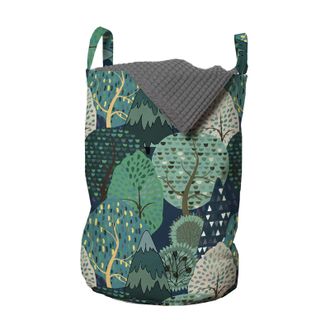 Abakuhaus Wald Wäschesack, Waldbäume Natur-Kunst, Wäschekorb mit Griffen Kordelzugverschluss für Waschsalons, 33 cm breit x 49 cm hoch, Dunkle Teal Creme Brown