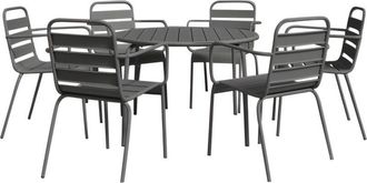 Vente-Unique Salle &agrave; manger de jardin en m&eacute;tal - une table ronde D.130cm et 6 fauteuils empilables - Gris anthracite - MIRMANDE de MYLIA