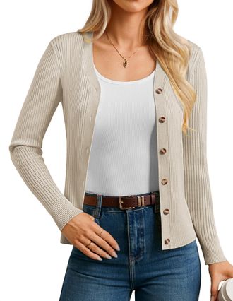 Grace Karin Damen Strickjacke Elegant Gerippt Langarm Knopfleiste V-Ausschnitt Herbstl Warm Winter Figurbetont