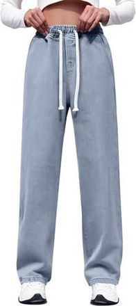 Generic Jean coupe droite pour femme - Taille haute - Pantalon baggy - Coupe ample - Pantalon Palazzo d&eacute;contract&eacute; avec cordon de serrage - Streetwear, bleu cl