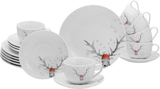 CREATABLE CreaTable, 13916, Serie Luna Hirsch, 18-teiliges Geschirrset für 6 Personen, Kaffeeservice aus Porzellan, spülmaschinen- und mikrowellengeeignet, Qual