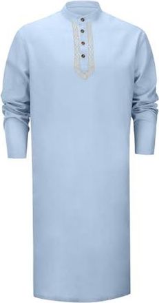 Generic Qamis Homme Lin Djellaba Manches Longues Kamis avec Broderie Uni Musulman Abaya Caftan avec Fente Lat&eacute;rale Col Rond Kurta Jelaba Chemise Henley Peigno