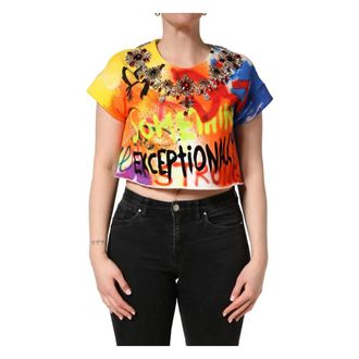 Dolce & Gabbana Femme, Blouses et Chemises, Multicolore, Taille: 34 FR T-shirt court en jersey avec imprim&eacute; graffiti et d&eacute;tail de collier