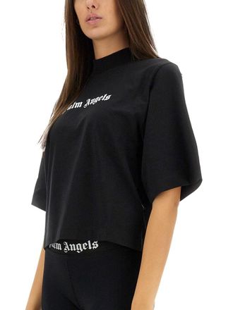 Palm Angels Logo-Print Cotton Cropped T-Shirt - Black