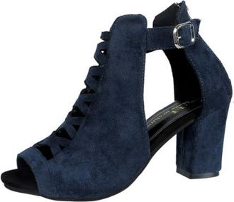 Generic Bottines &agrave; talons &eacute;pais &agrave; bout ouvert avec sangle de cheville et boucle de cheville pour femme - Sandales tendance avec fermeture &eacute;clair - Pour les lo