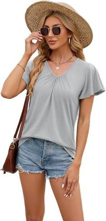 Zeagoo Chemisier dété élégant à manches courtes pour femme - Col en V - Tunique - Chemisier décontracté, gris clair, S