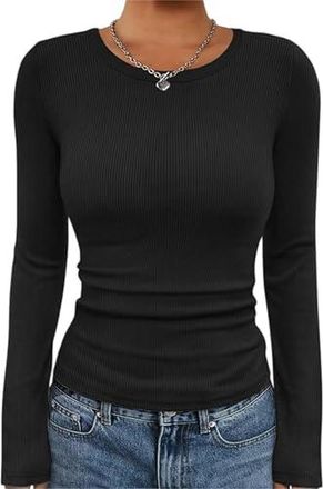 Generic Haut en tricot c&ocirc;tel&eacute; &agrave; manches longues pour femme, coupe ajust&eacute;e, basique uni, mince, &eacute;l&eacute;gant, d&eacute;contract&eacute;, travail, automne, Noir, XXL
