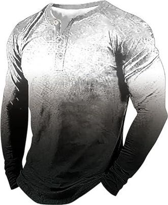 Generic T-shirt Henley en coton l&eacute;ger et d&eacute;contract&eacute; &agrave; manches longues avec trois boutons - Coupe droite - Imprim&eacute; 3D - Couleur d&eacute;grad&eacute;e - Coupe classique - R