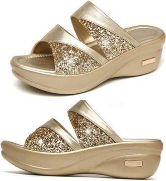 BESPORTBLE Sandales Compensées Femme été Épaisses avec Semelle Plateforme Brillante Style Fish Mouth Chic Mules Casual Dorées Confortables et Faciles à Porter po