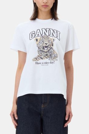 Ganni T-shirt basique en jersey blanc avec l&eacute;opard Multicolore Coton biologique - Taille XL - Pour Femme